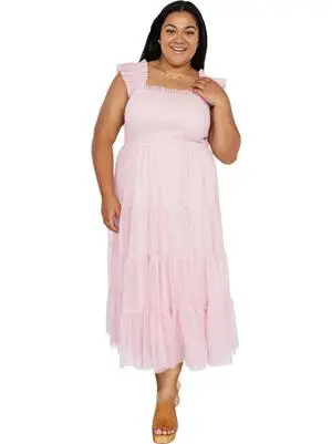 LISTICLE Emma Smocked Tulle Midi Dress - Mauve