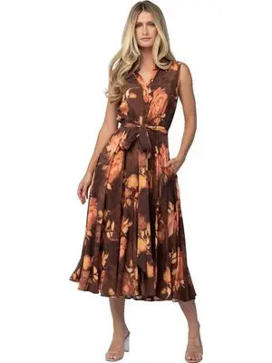 XH TEXTILES XH Textiles Tess Midi Dress - Floral Print Collared Sleeveless Belted Rayon