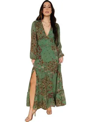POLAGRAM Polagram Bowman Deep V Tiered Maxi Dress Green Multi