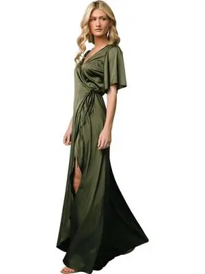 XH TEXTILES Vara Satin Maxi Wrap Dress - Juniper Green