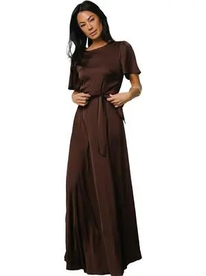 XH TEXTILES XH Textiles Agnes Satin Maxi Dress With Flutter Sleeves And Slit Espresso
