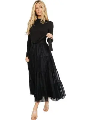FLYING TOMATO Ribbed Knit Sweater And Tiered Tulle Maxi Dress - Black