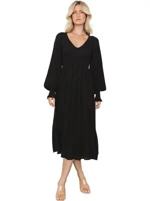 IN LOOM Lainey Smocked Dotted Midi Dress - Black
