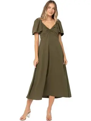 POLAGRAM Indie Back Tie Midi Dress With Sweetheart Neckline - Olive
