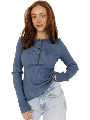 HEM & THREAD Ribbed Henley Sweater With Button Detail - Blue
