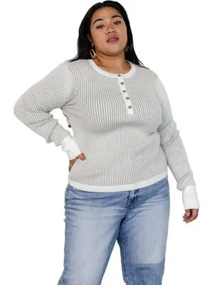 HEM & THREAD Ribbed Henley Sweater With Button Detail - Gray