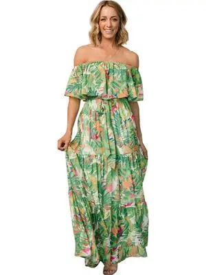 FLYING TOMATO Off-shoulder Tropical Print Tiered Maxi Dress - Green Multi