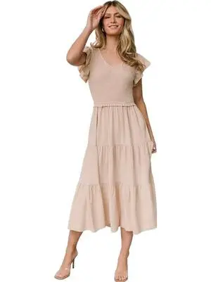 IN FEBRUARY Afton Smocked Tiered Dress - Sand