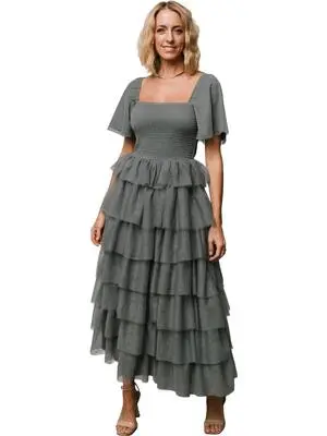 TEA N ROSE Tea N Rose Cherise Tulle Tiered Maxi Dress Blue Sage