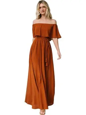XH TEXTILES Off-shoulder Maxi Dress With Tassel Belt - Spice