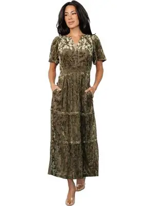 POLAGRAM Bronwyn Velvet Burnout Midi Dress - Olive