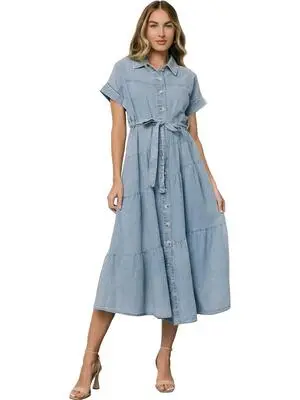 POLAGRAM Logan Button-up Tiered Midi Dress - Denim