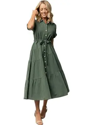 POLAGRAM Logan Button-up Tiered Midi Dress - Green
