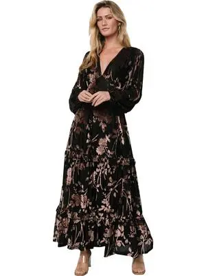 POLAGRAM Liana Velvet Embossed Maxi Dress - Black