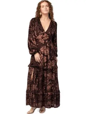 POLAGRAM Liana Velvet Burnout Maxi Dress - Brown