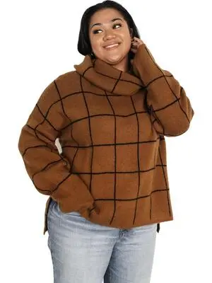 LUMIERE Birmingham Funnel Neck Sweater With Grid Pattern - Brown