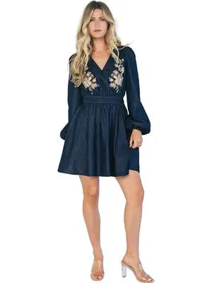 FLYING TOMATO Embroidered V-neck Mini Dress - Dark Chambray