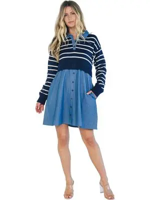 IN FEBRUARY Nicole Striped Sweater Dress - Navy
