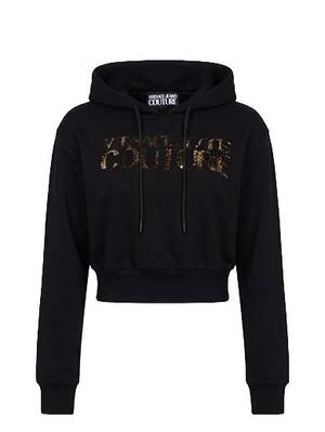 Versace Cropped Sequin Embellished Logo Hoodie - Black