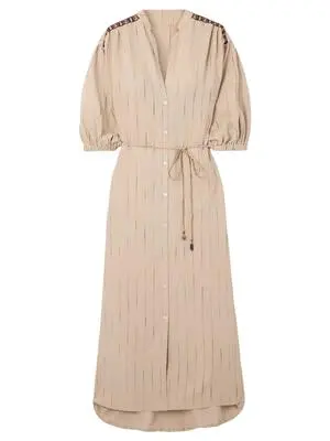 FORTELA Belted Appliquéd Embroidered Woven Midi Dress - No