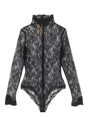 Valentino Garavani Long-sleeve Floral Lace High-neck Bodysuit - Black