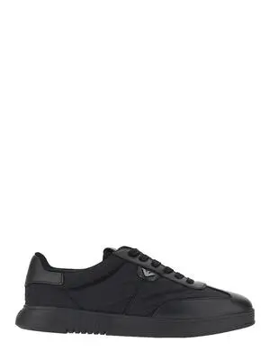 Emporio Armani Nylon And Leather Lace-up Sneakers With Eagle Logo Detail - Black