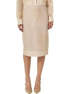 English Factory Beaded Floral Sheer Midi Skirt - Natural