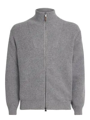 Canali Wool-cashmere High-neck Zip-up Cardigan - Grey