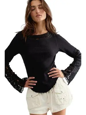 Free People Amber Lace Cuff Long Sleeve Top - Black