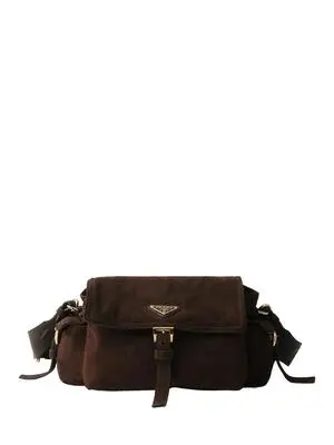 Prada Prada Medium Suede Shoulder Bag With Flap Brown