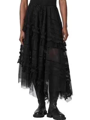 ALLSAINTS Jen Ruffle Lace Midi Skirt - Black