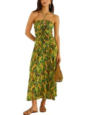 Farm Rio Forest Parrots Ruched-bodice Maxi Dress - Green