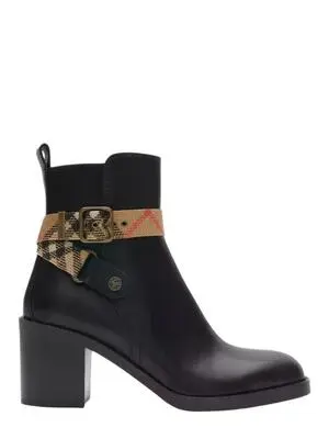 Burberry Leather Huntley Ankle Boots With Check Strap - Black