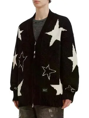 FIVE CM Star Intarsia Zip-up Cardigan - Black