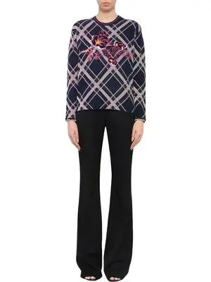 Kenzo Check Pattern Floral Embroidered Sweater - Blue