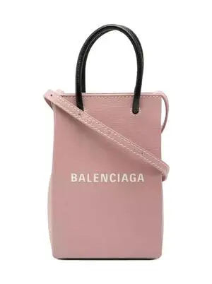 Balenciaga 2021 Mini Calfskin Logo Shopping Phone Holder Satchel - Pink