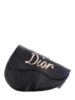 Dior Saddle Logo Embroidered Leather Crossbody Bag - Black
