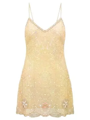 LoveShackFancy LoveShackFancy Mini Sequin Embellished Floral Patch Dress Neutrals
