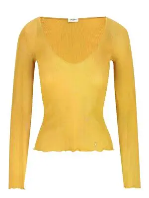 Saint Laurent Cassandre V-neck Top In Ribbed Silk - Yellow