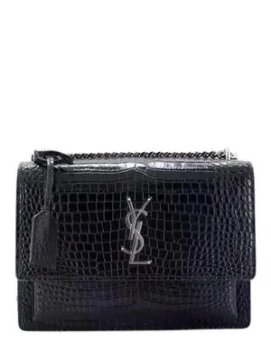 Saint Laurent Sunset Crocodile Embossed Leather Medium Crossbody Bag - Black
