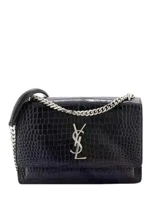 Saint Laurent Sunset Crocodile Embossed Leather Medium Crossbody Bag - Black