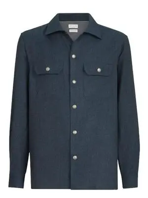 Brunello Cucinelli Virgin-wool Flannel Overshirt With Spread-collar And Chest-pockets - Denim