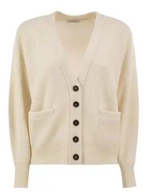 Brunello Cucinelli Ribbed Cashmere V-neck Cardigan - Nude