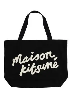 Maison Kitsuné Large Cotton Canvas Tote Bag With Contrast Logo - Black