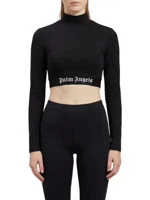 Palm Angels Cropped Long-sleeve Turtleneck Jersey Top With Jacquard Logo - Black