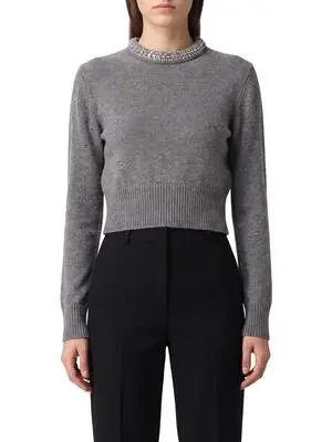 Pinko Barlino Slim Fit Wool-blend Jumper With Embroidery And Rhinestones - Grey