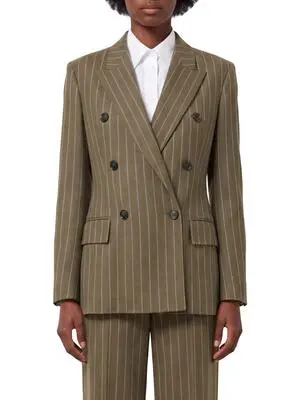 Max Mara Pinstripe Double-breasted Slim Fit Blazer In Virgin Wool Blend - Beige