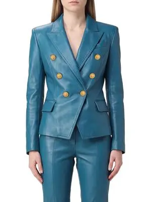 Balmain Double-breasted Lambskin Leather Blazer With Peak Lapels And Padded Shoulders - Blue
