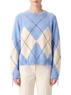 Pinko Argyle Wool & Cashmere Jumper With Fringe - Blue