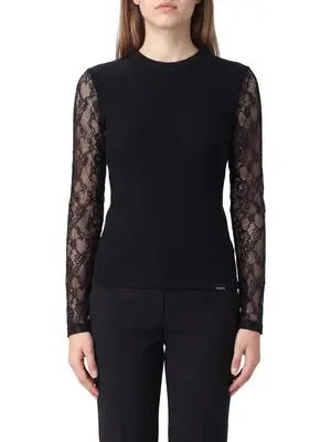 Pinko Long-sleeved Crewneck Lace And Wool Evening Top - Black
